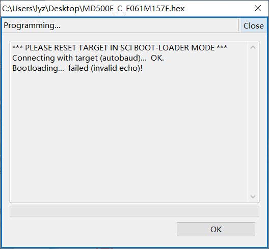 TMS320F28034: 利用C2prog通过SCI给TMS320F28034烧录程序，出现错误提示：Bootloading... failed (invalid echo)! - TI论坛 ...